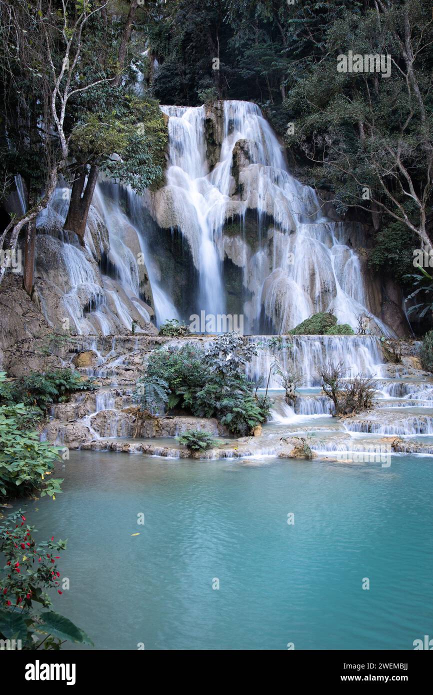 Blue water tropical waterfalls surrounded by lush vegetation Stock ...
