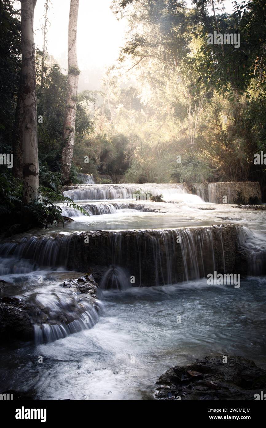 Tropical waterfalls surrounded by lush vegetation during golden hour ...