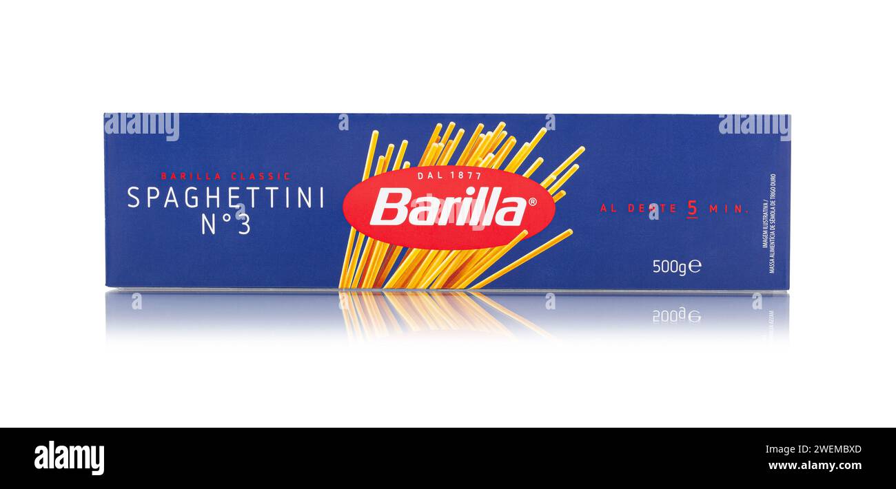 CHISINAU, MOLDOVA - January 25, 2024: Barilla Spaghetti num 3 italian ...
