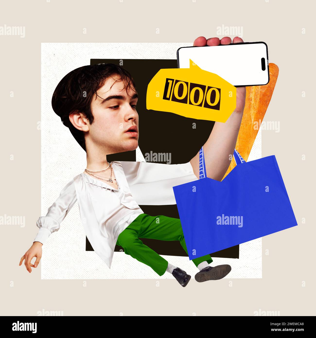 Contemporary art collage. Surrealistic collage. Young guy in a modern ...