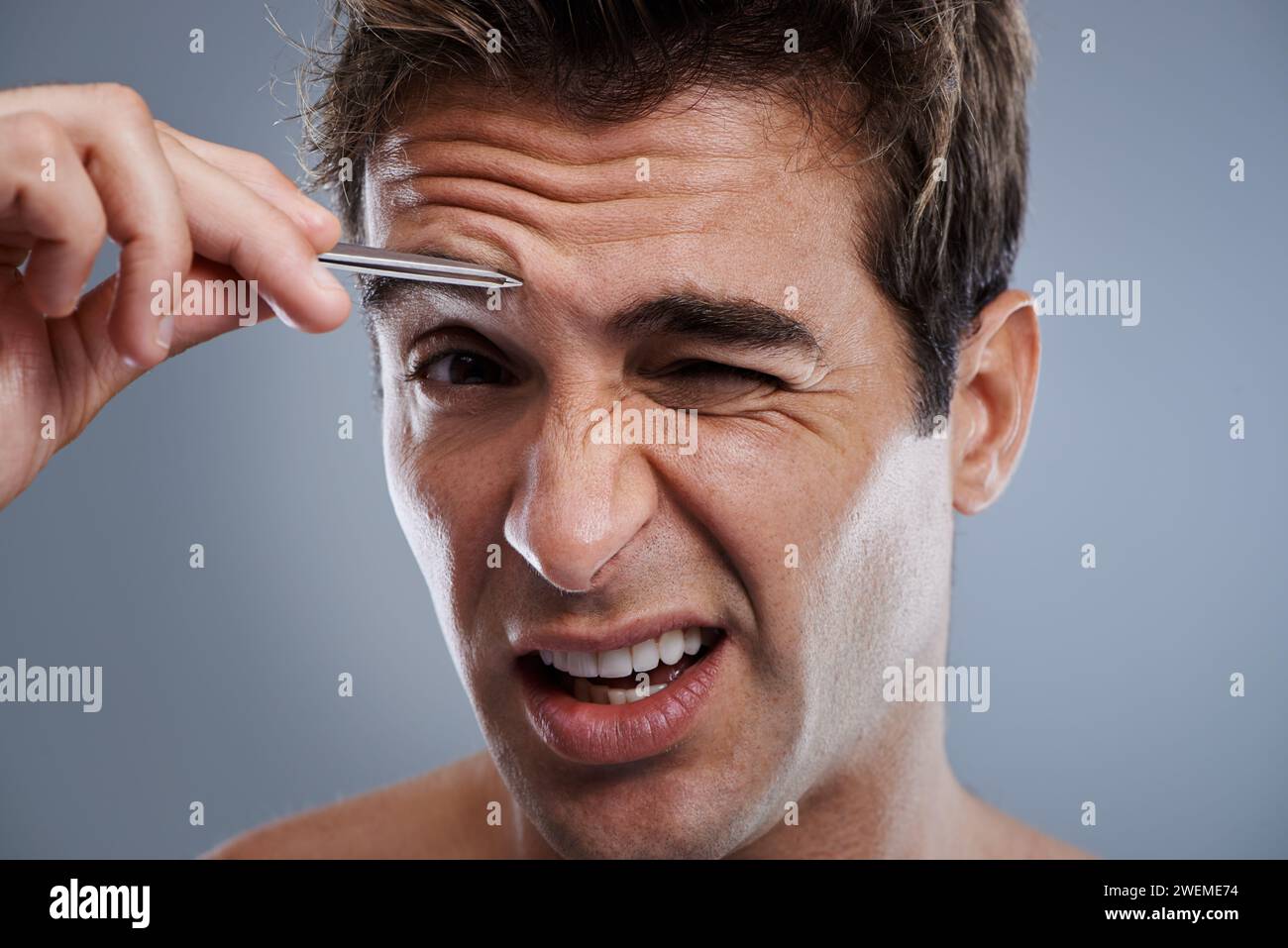 Plucking, eyebrow and portrait of man with tweezers, hair removal and ...
