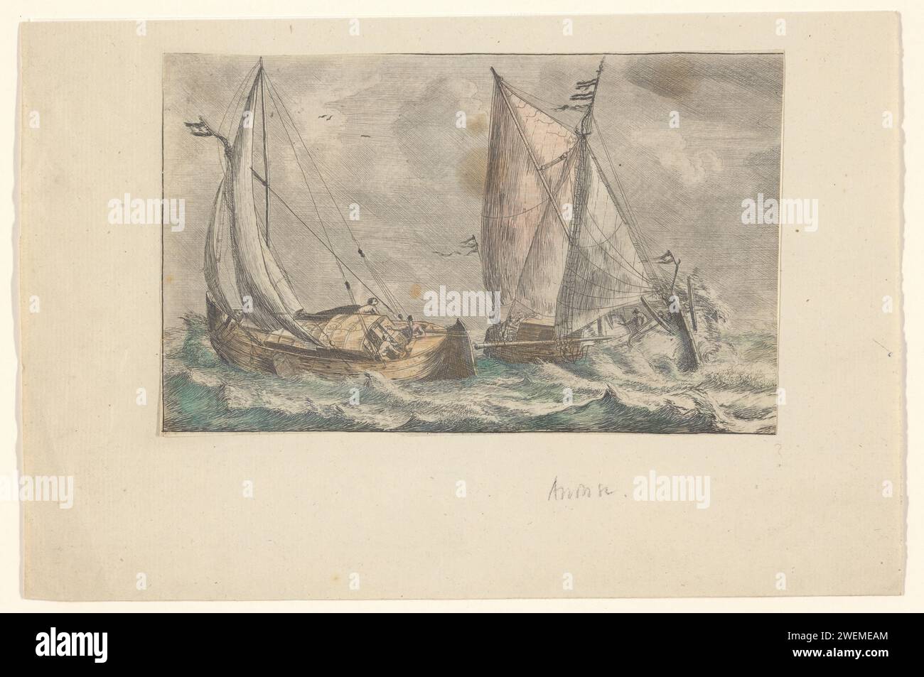 Two sailing boats at sea at Storm, Anonymous, 1700 - 1799 print paper ...