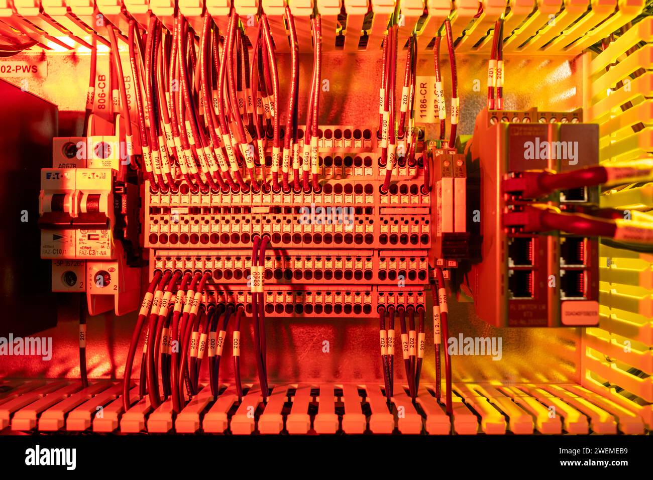 Multiple wires plugged into electronic junction Stock Photo - Alamy