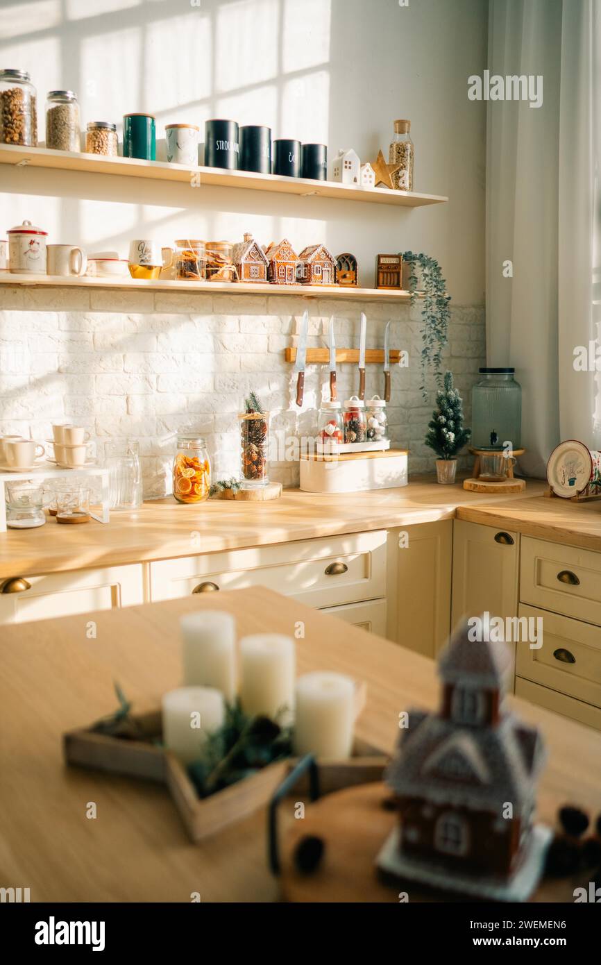 Bright sunny kitchen with a large window Stock Photo - Alamy