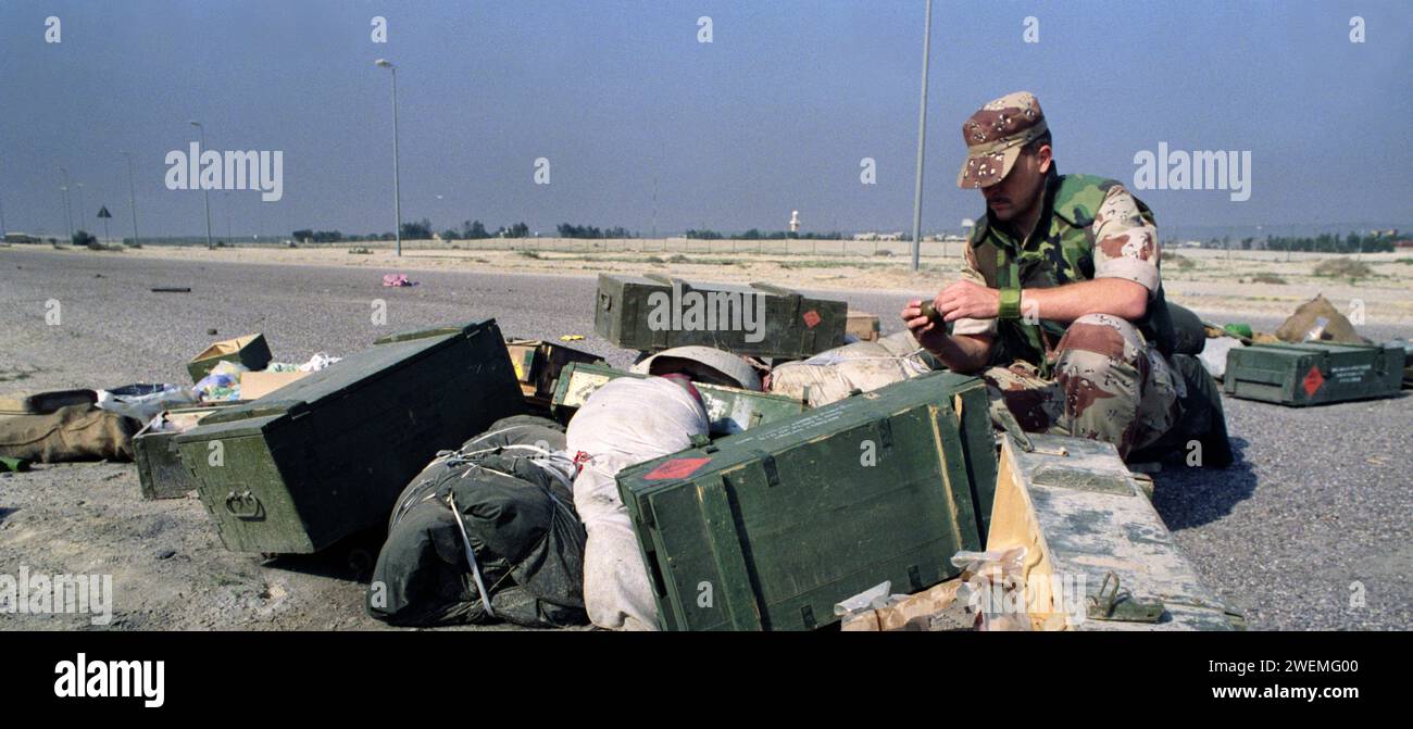 First Gulf War: 3rd March 1991 A coalition soldier examines a hand ...
