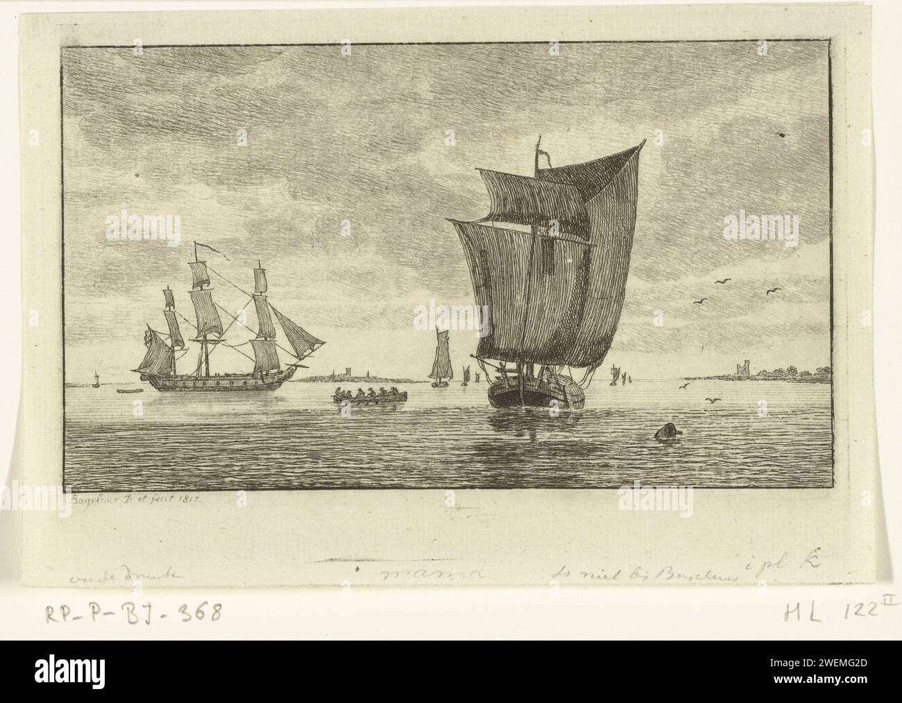 River face with sailing ships and a rowing boat with seven people ...