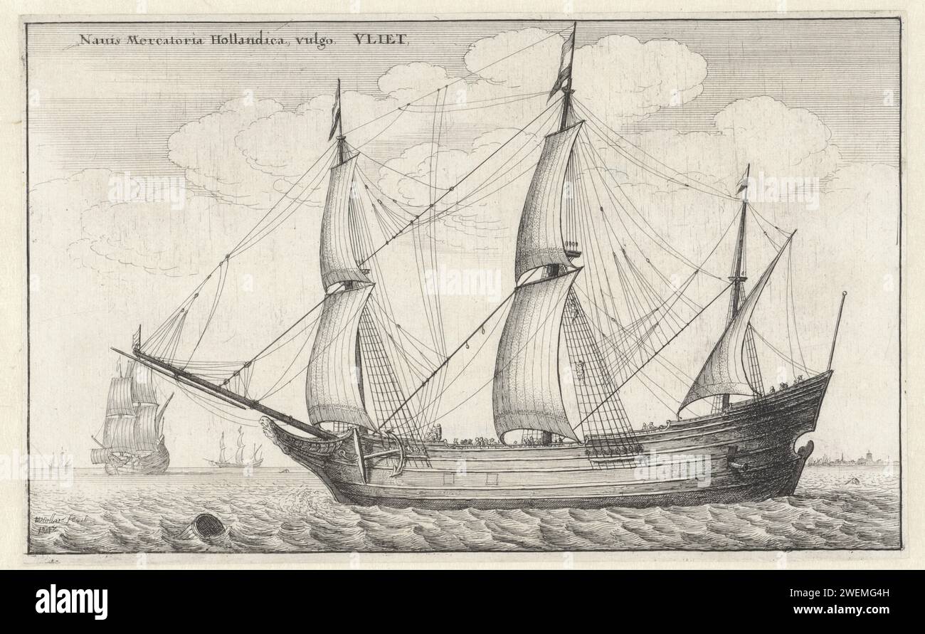 Dutch flute ship, Wencslaus Hollar, 1647 print paper etching sailing ...