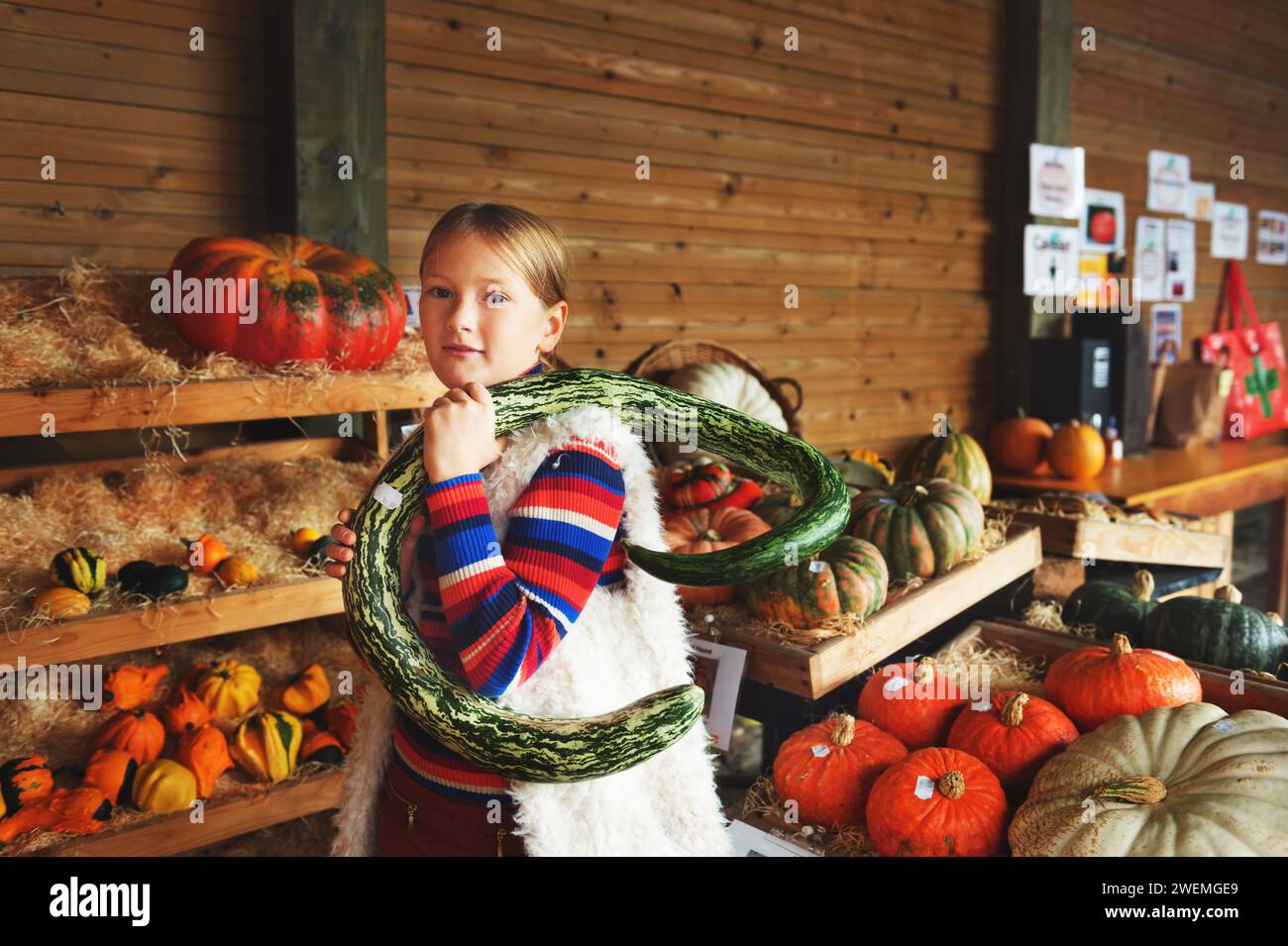 Adorable little girl of 8-9 year old choosing halloween pumpkin on farm ...