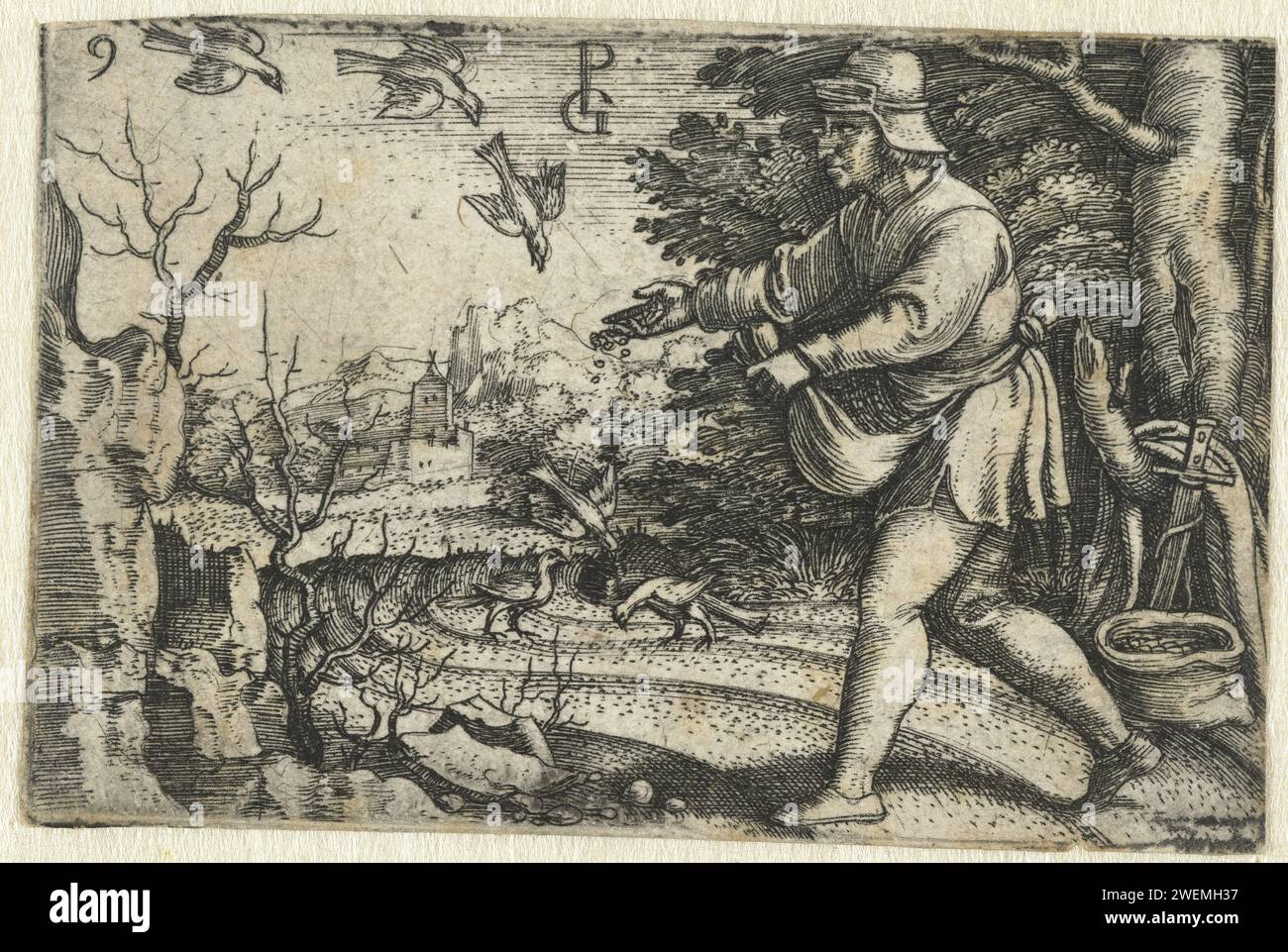 Parabel of De Zaaier, Georg Pencz, 1534 - 1535 print A man sows seed in ...