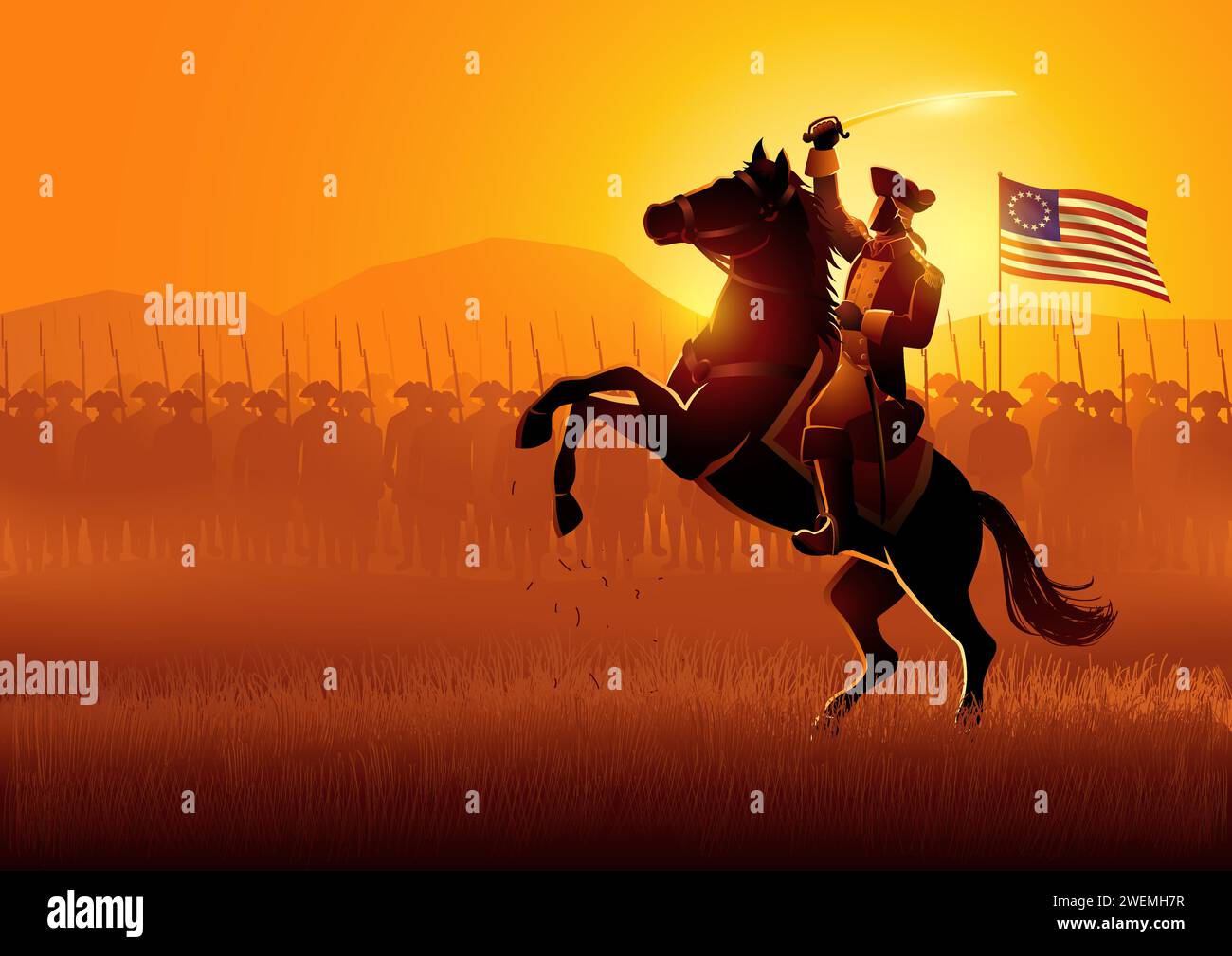 Vector illustration of a general leading his army on battlefield in the ...