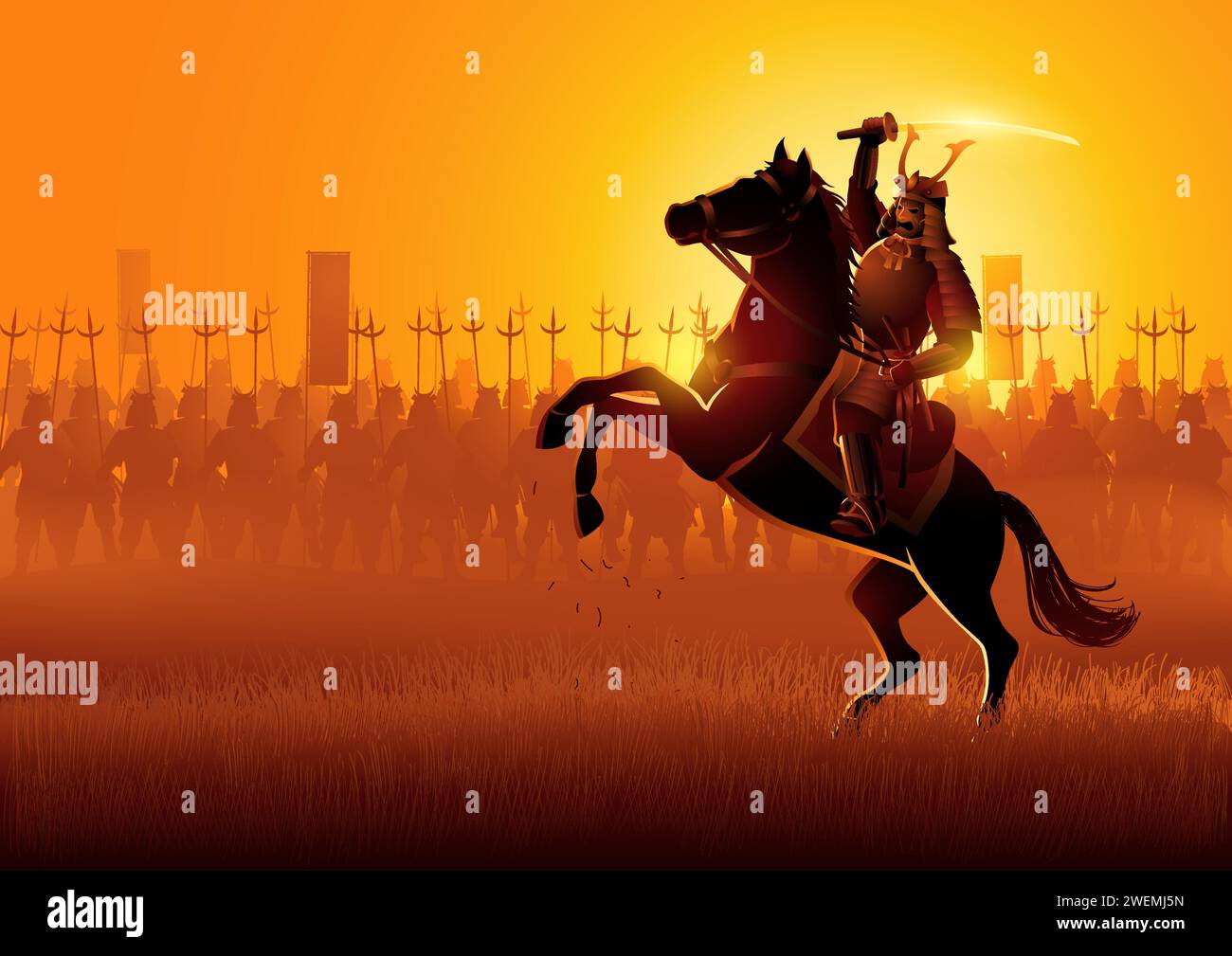 Vector illustration of samurai general leading his army on battlefield ...