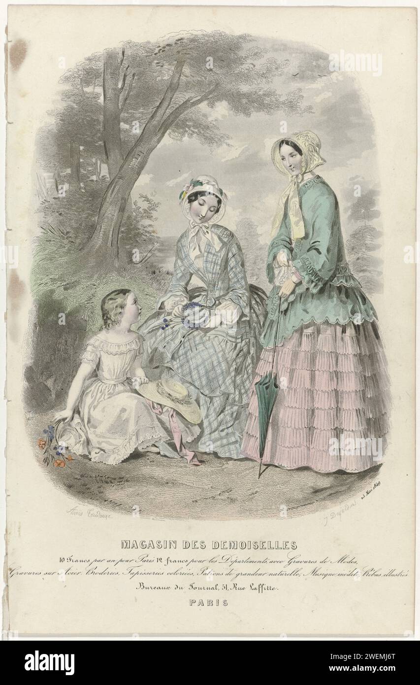 Demoiselle store, May 25, 1849, 1849 Two women and a girl in the open ...