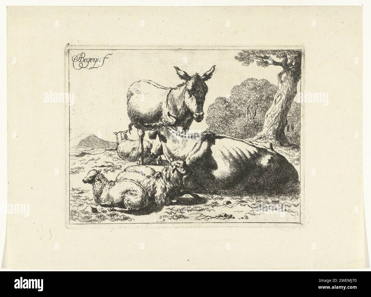 Standing donkey and lying cow with three sheep, Abraham Jansz Begeyn ...