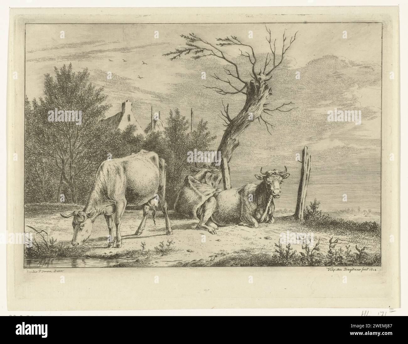 Three cows at a willow, Ernst Willem Jan Bagelaar, after Pieter Janson ...