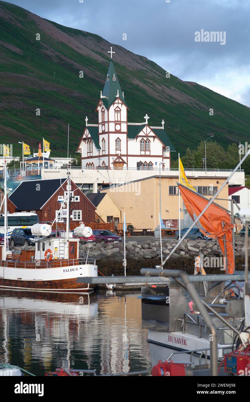 The Harbour and wooden Church (Húsavíkurkirkja) at Husavik, Iceland ...
