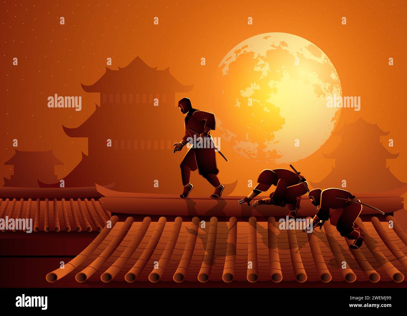 Vector illustration of the ninjas are sneaking up on the roof top to ...