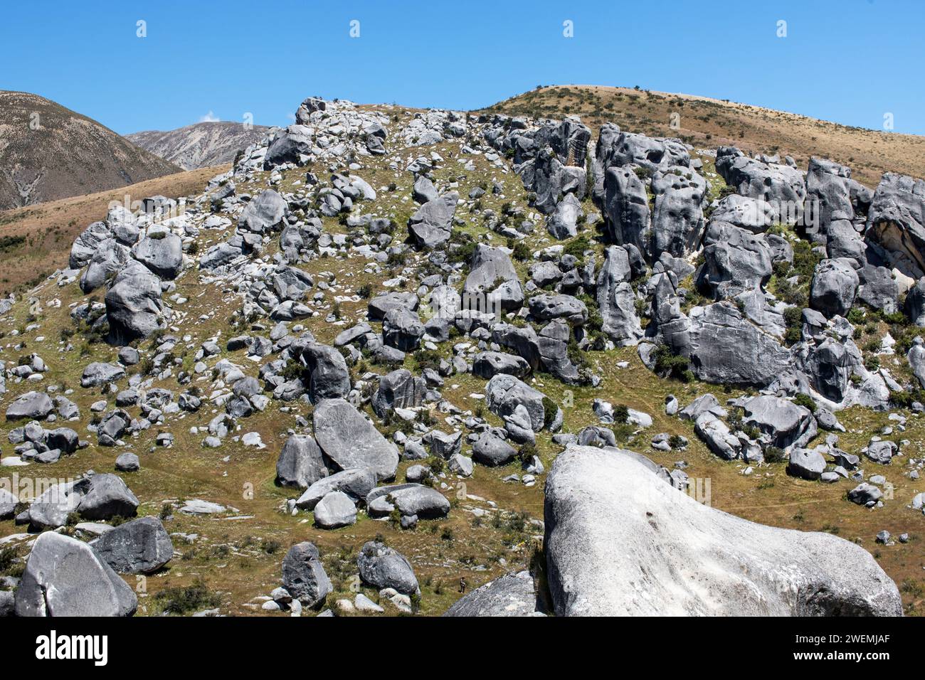 Large natural stones in Castle Hill Nature Park, New Zealand. Tourist ...