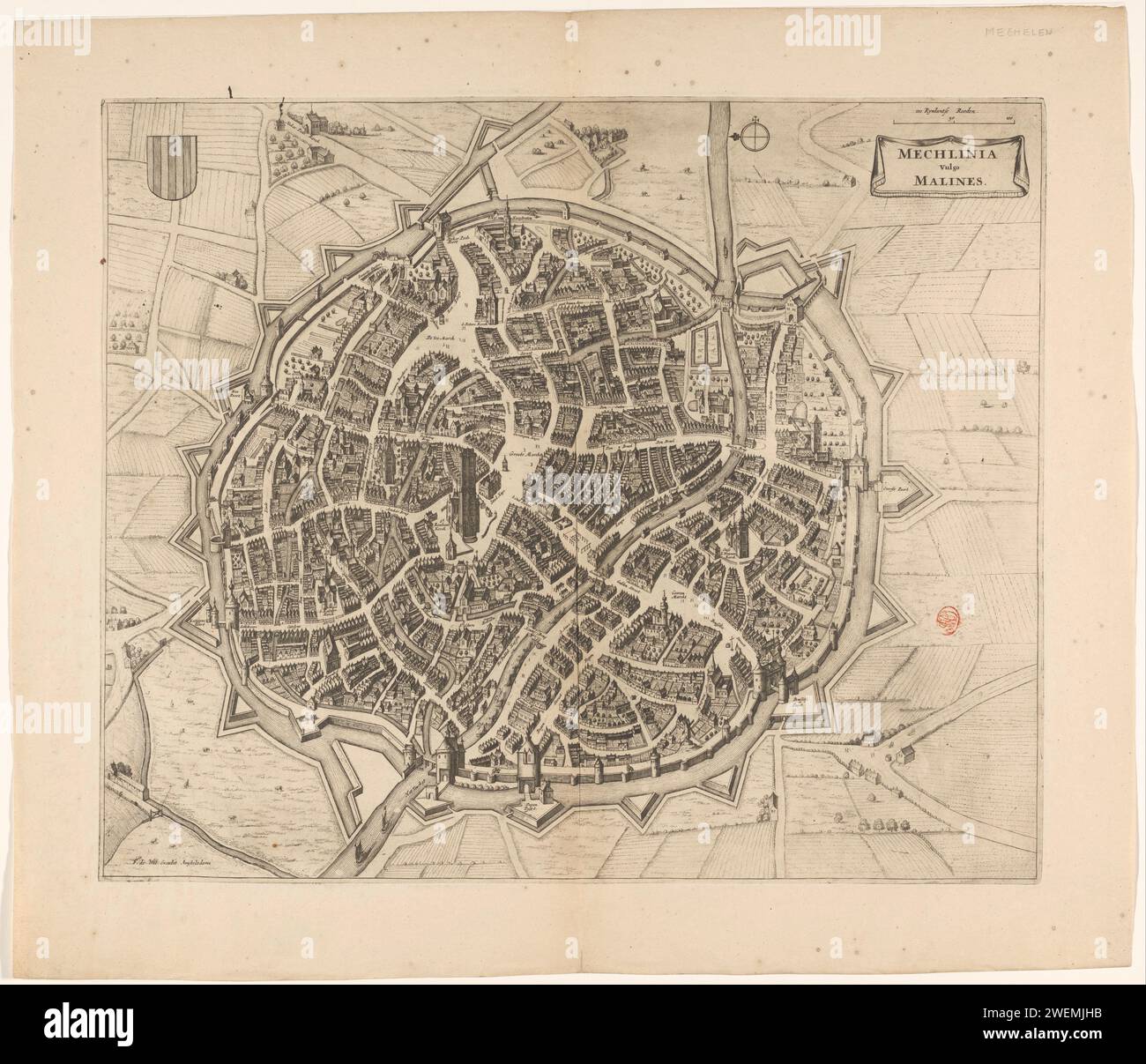 Map of Mechelen, Anonymous, c. 1700 - 1728 print Map of Mechelen in a ...