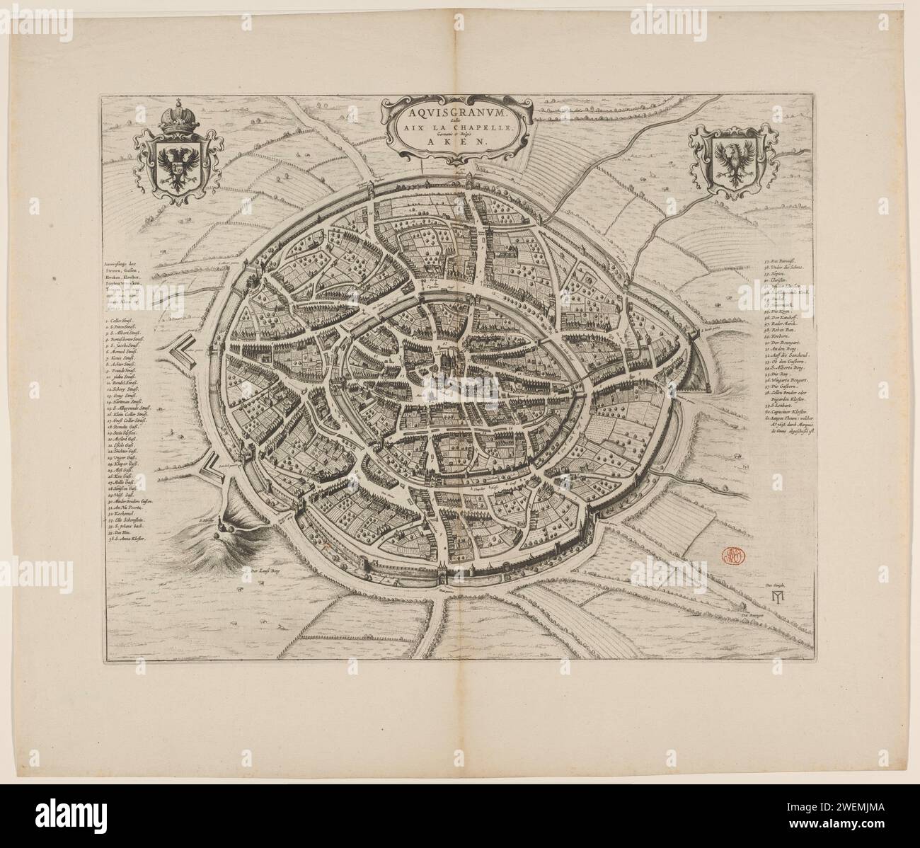 Map of Aachen, Anonymous, 1652 print Map of Aachen with buildings in a ...