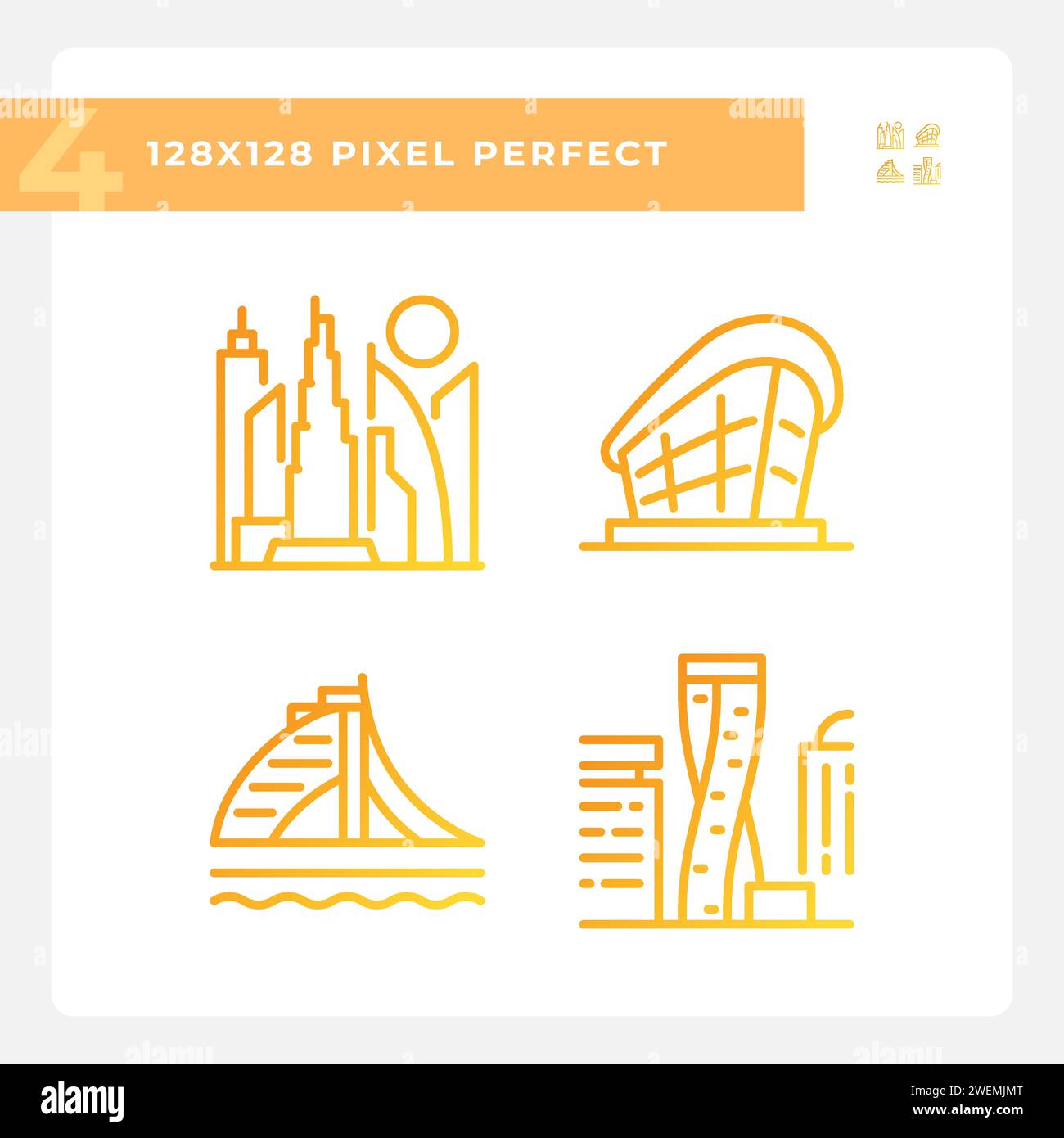 Dubai modern architectural landmarks gradient linear vector icons set ...