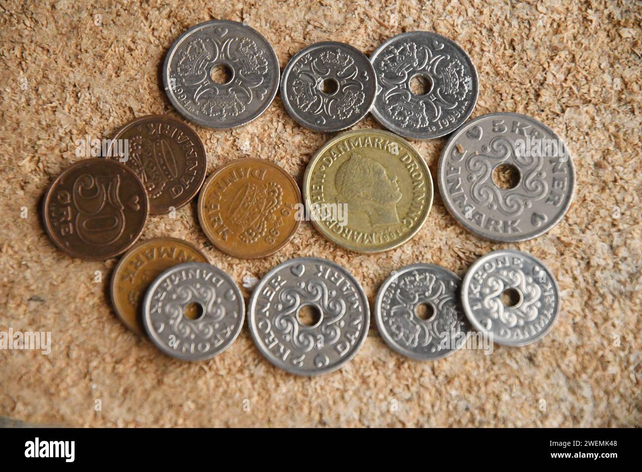 Copenhagen, Denmark /26 January 2024/. Danish kroner currency coins in ...