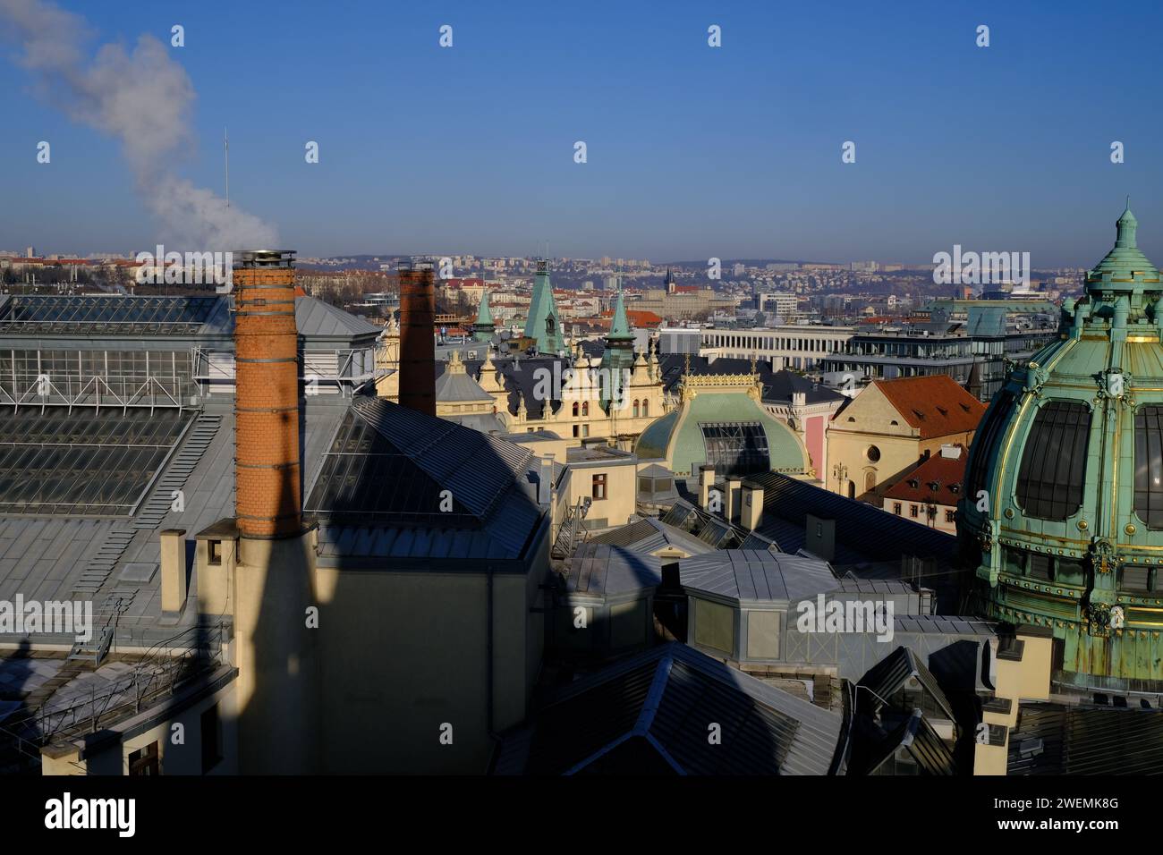 Rooftop view across Prague with chimney in the winter sunshine Stock ...