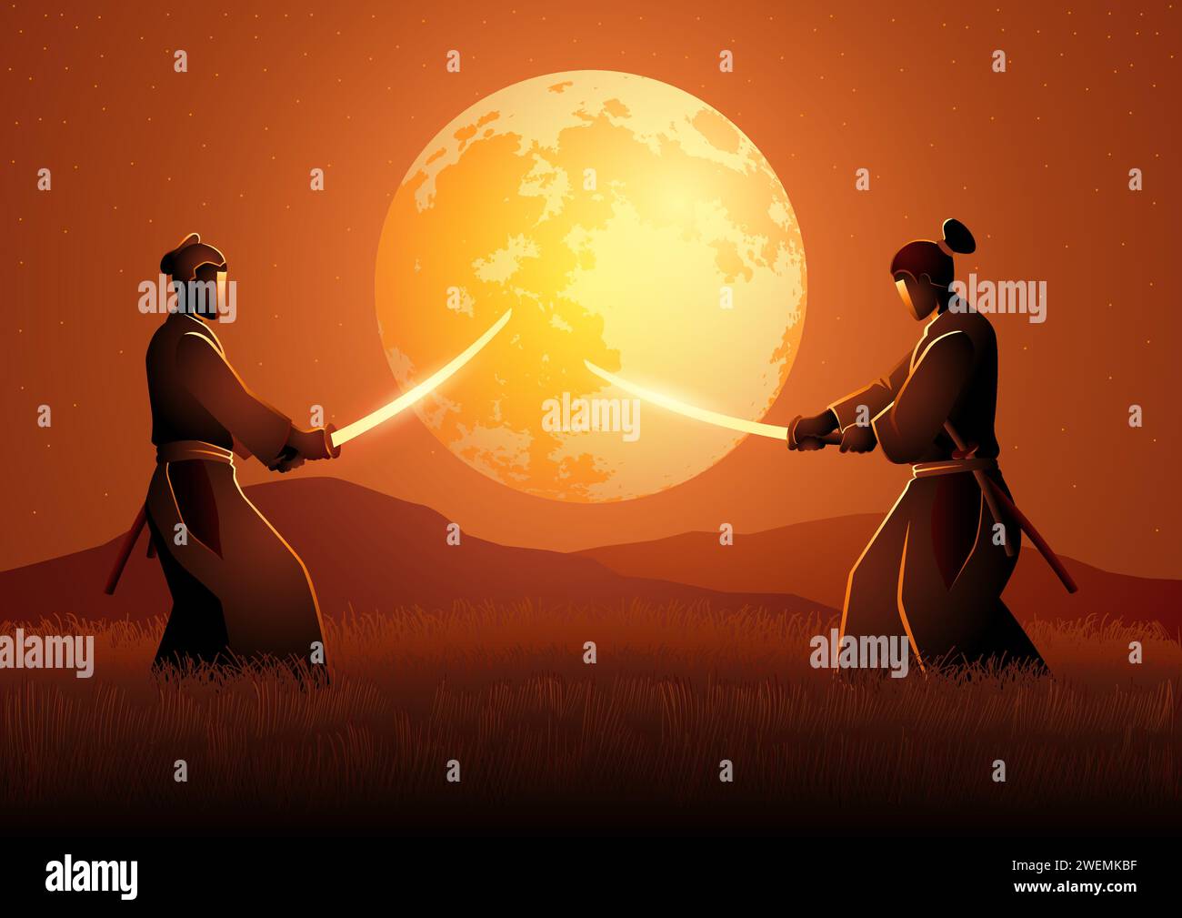 Vector illustration of two Samurai in duel stance facing each other on ...