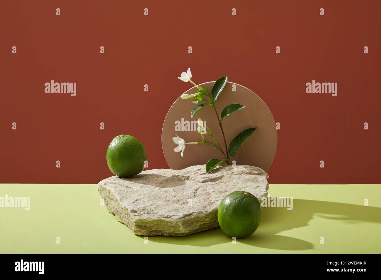 Scene for display cosmetic of lime extract with stone podium and fresh ...