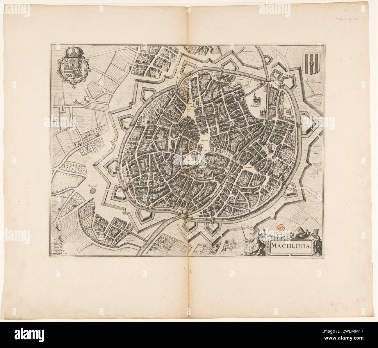 Map of Mechelen, Anonymous, 1652 print Map of Mechelen with buildings in a nutshell perspective ...