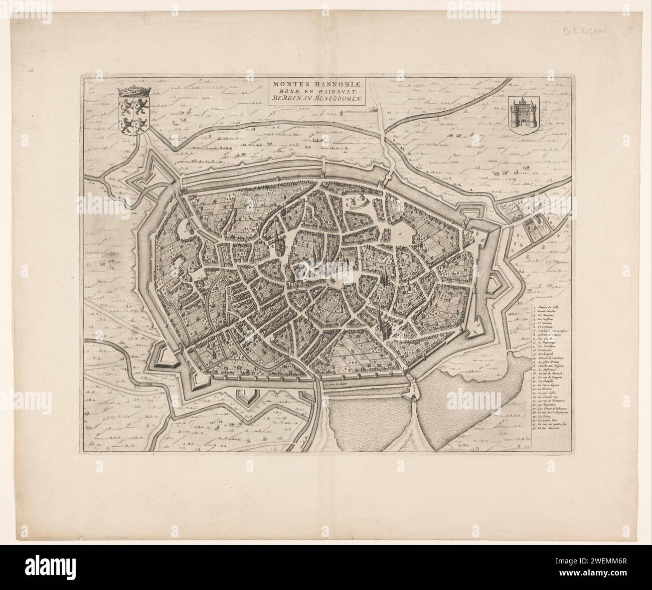 Map of Bergen (Mons), Anonymous, 1652 print Map of Bergen (Mons) with buildings in a nutshell ...