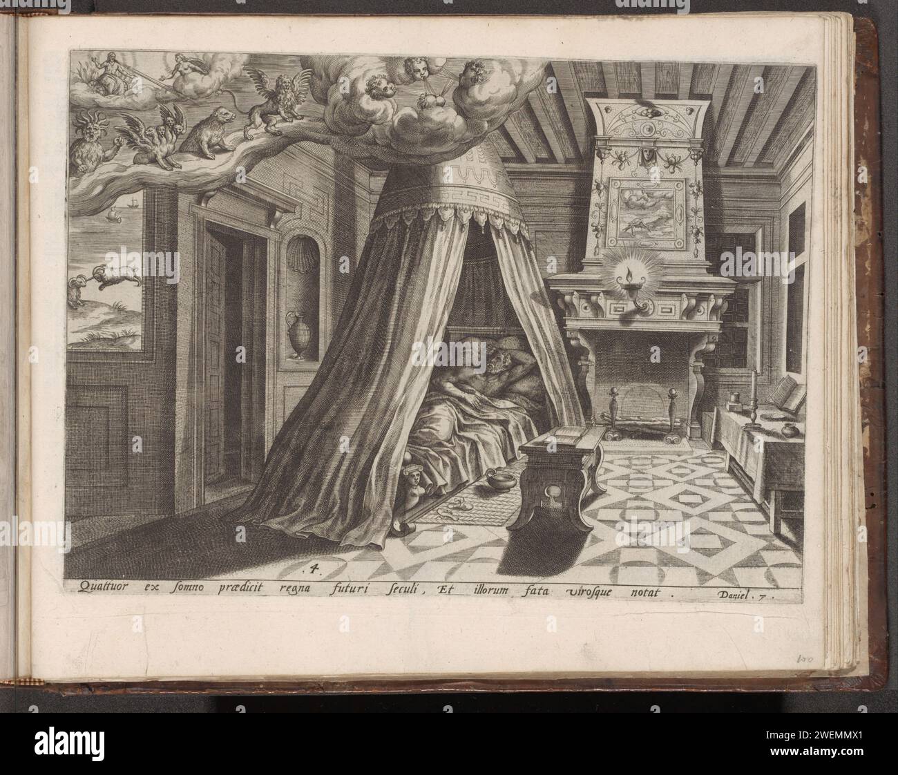Daniël's dream of the four animals, 1579 print Daniël is sleeping in a ...