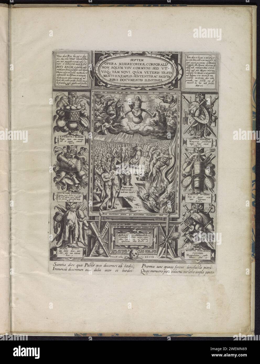 Last judgment and symbols for the seven works of mercy, 1577 print ...