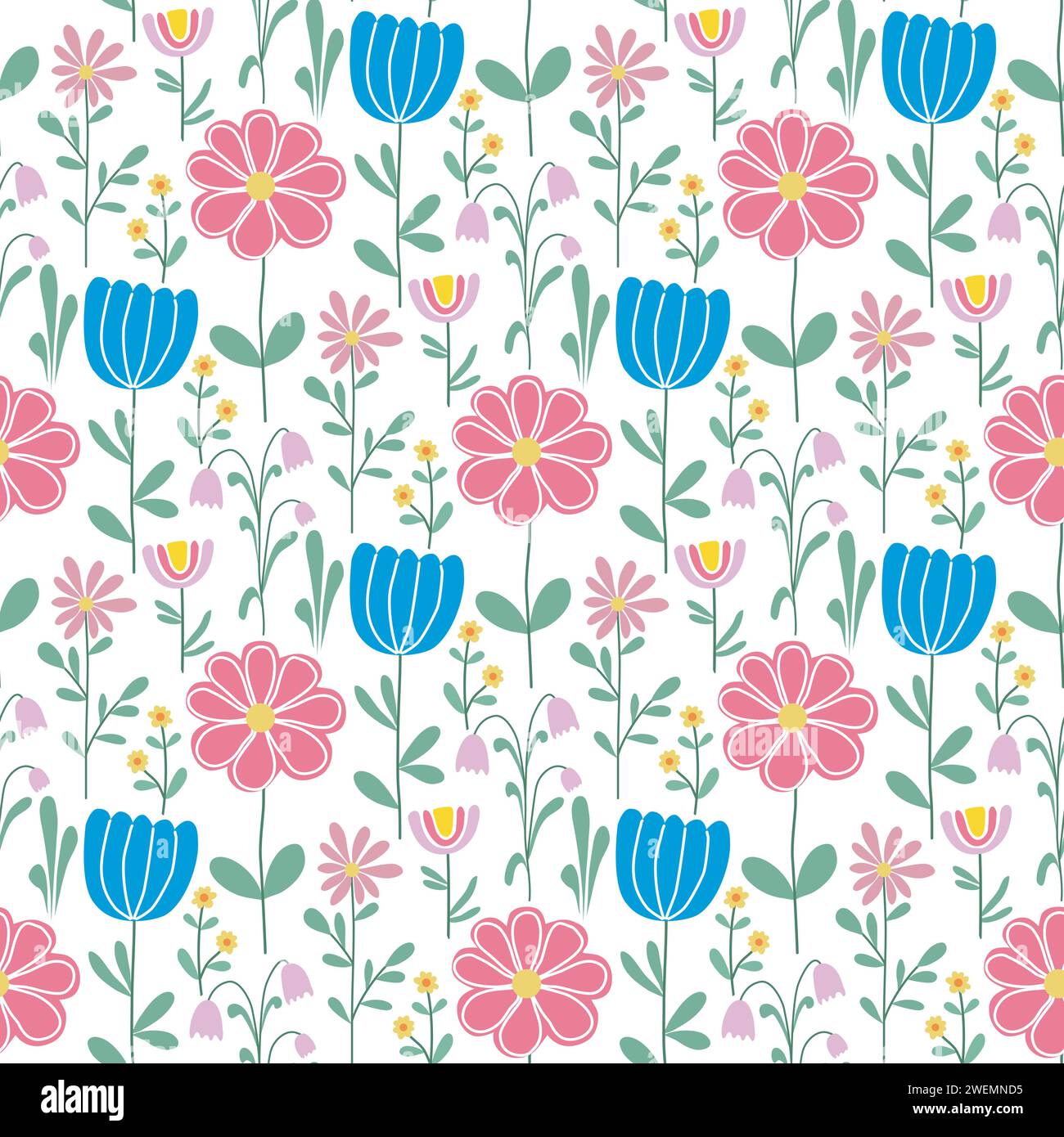 Delicate spring floral print vector illustration. Wildflowers, foliage ...