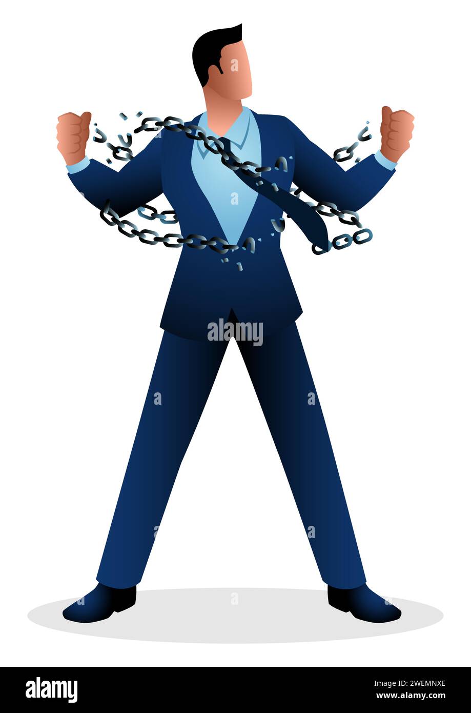 Business concept illustration of a businessman breaking chains, freedom, spirit, struggle ...