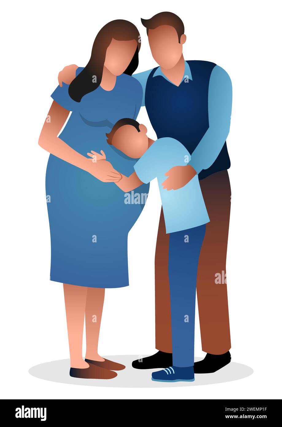 Cartoon illustration of happy family, a boy hugging his pregnant mother ...