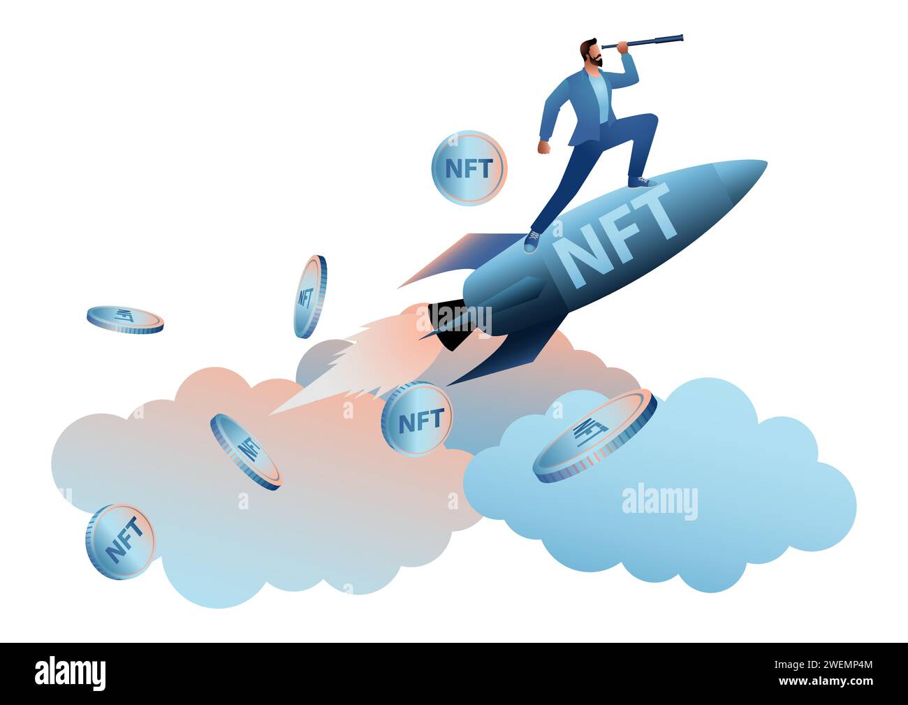 Vector illustration of a businessman on a NFT rocket using a telescope ...