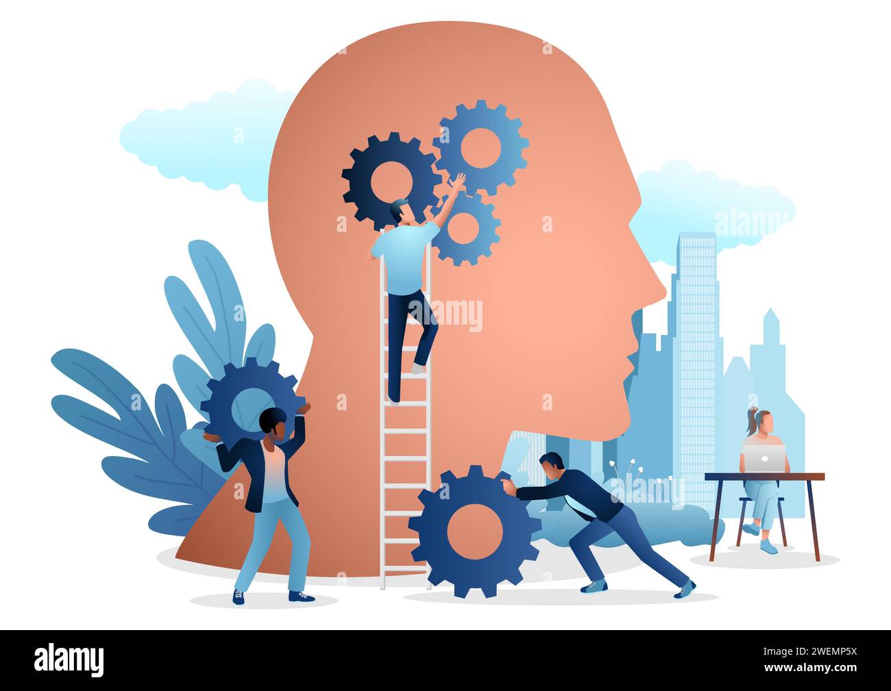Vector illustration of group of people installing gears in human head ...