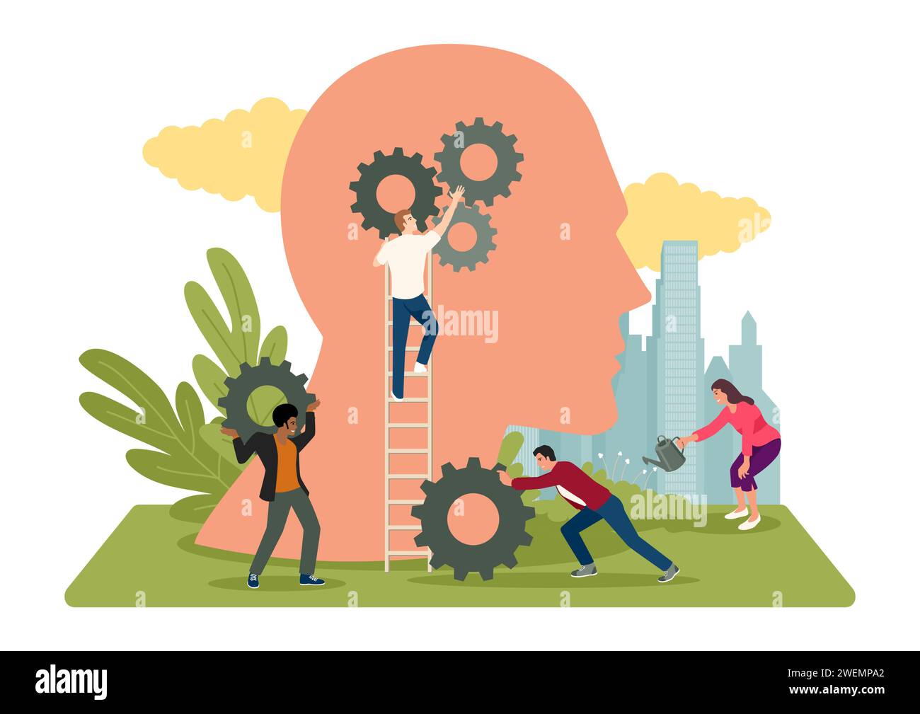 Simple flat vector illustration of group of people installing gears in ...