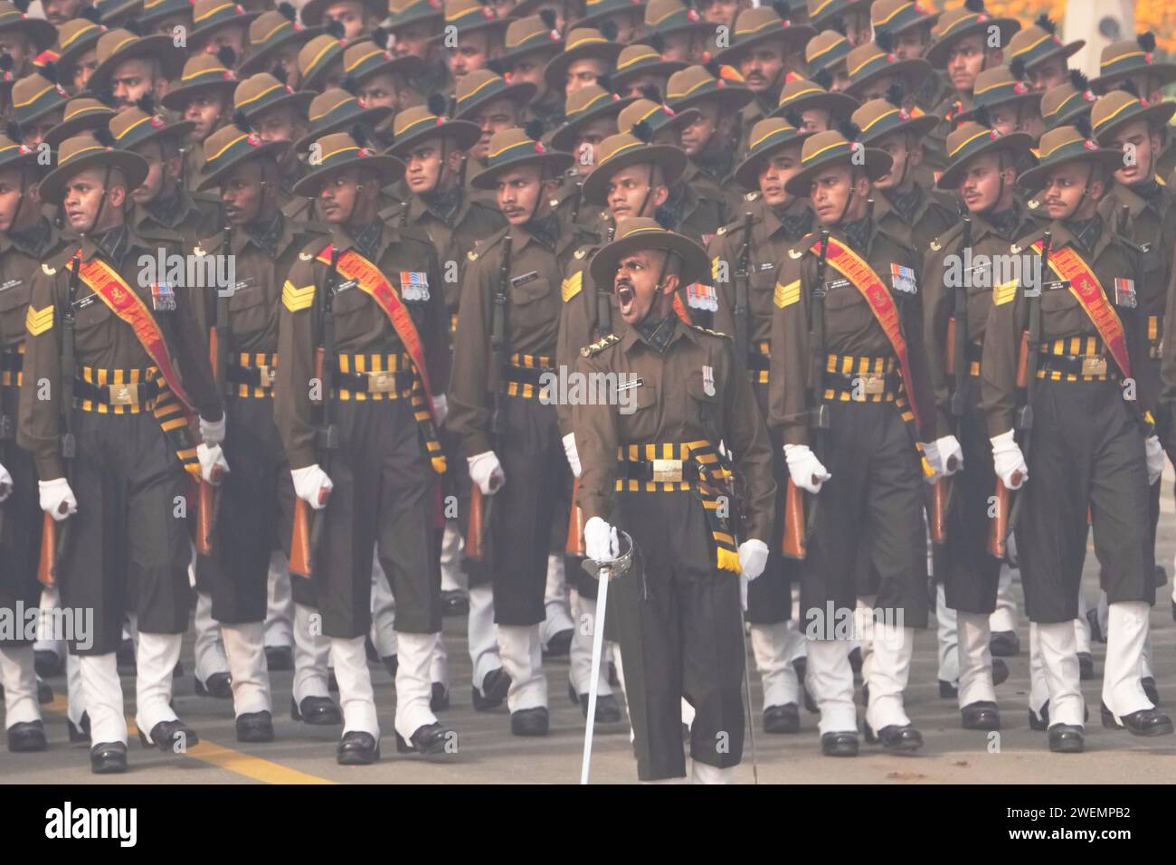 Indian defense forces march on the ceremonial street Kartavyapath ...