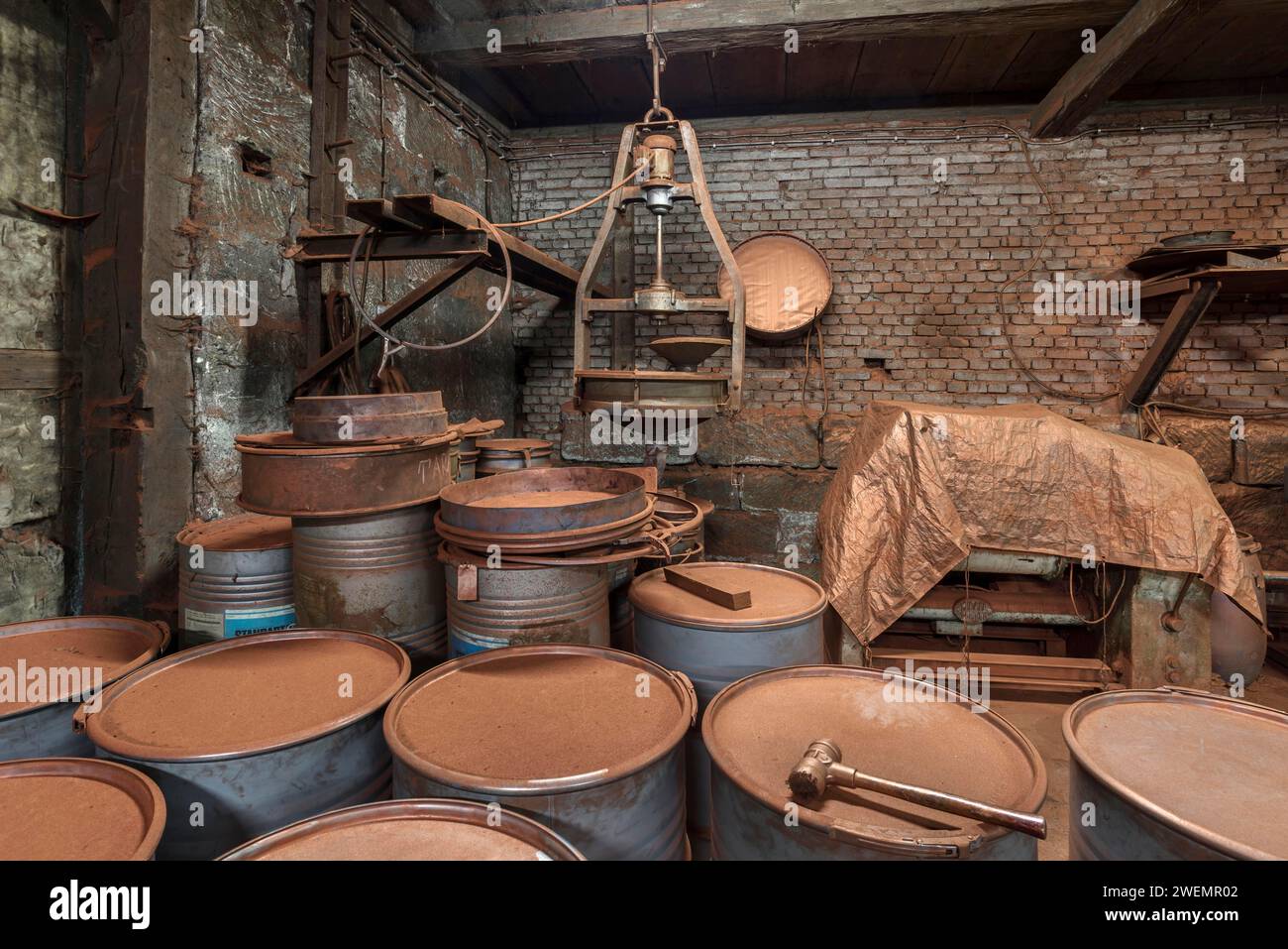 Bronze powder production room with filling bins in a metal powder mill ...