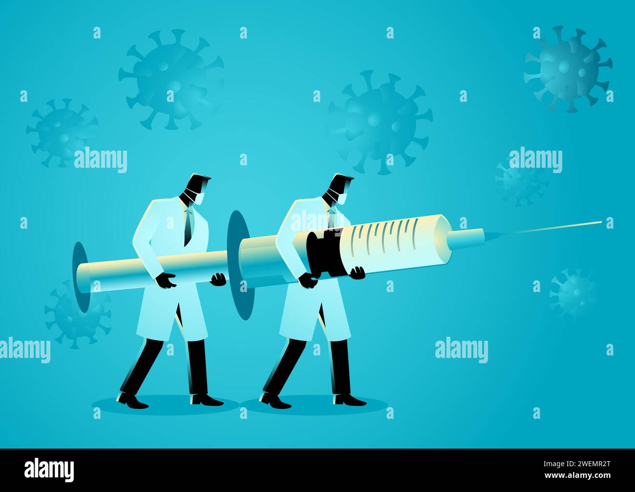 Vector graphic illustration of team of doctors carrying syringe ...