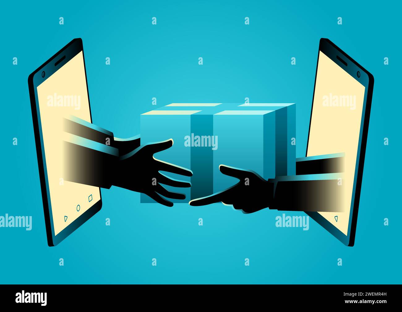 Hands giving a package through smart phone, online shopping concept ...