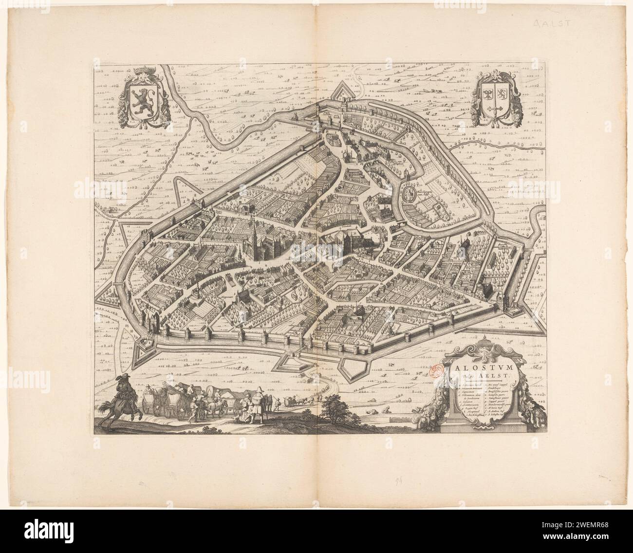 Map of Aalst, Anonymous, 1652 print Map of Aalst with buildings in a nutshell perspective. In ...