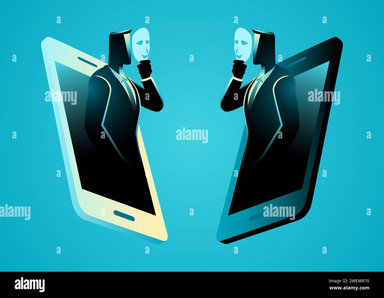 Fake on social media, two businessmen talking with each other using ...