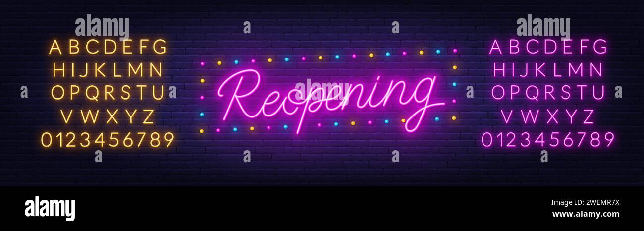 Reopening neon lettering on brick wall background Stock Vector Image ...