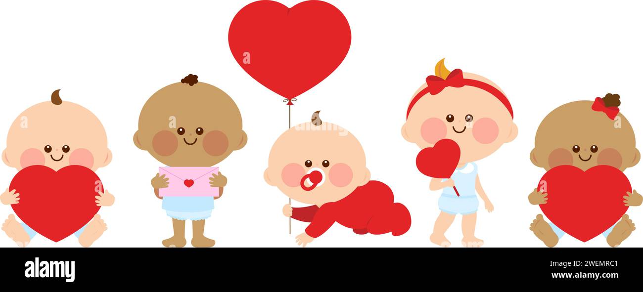 Cute baby girls and boys with red hearts. Cute Valentine day babies ...