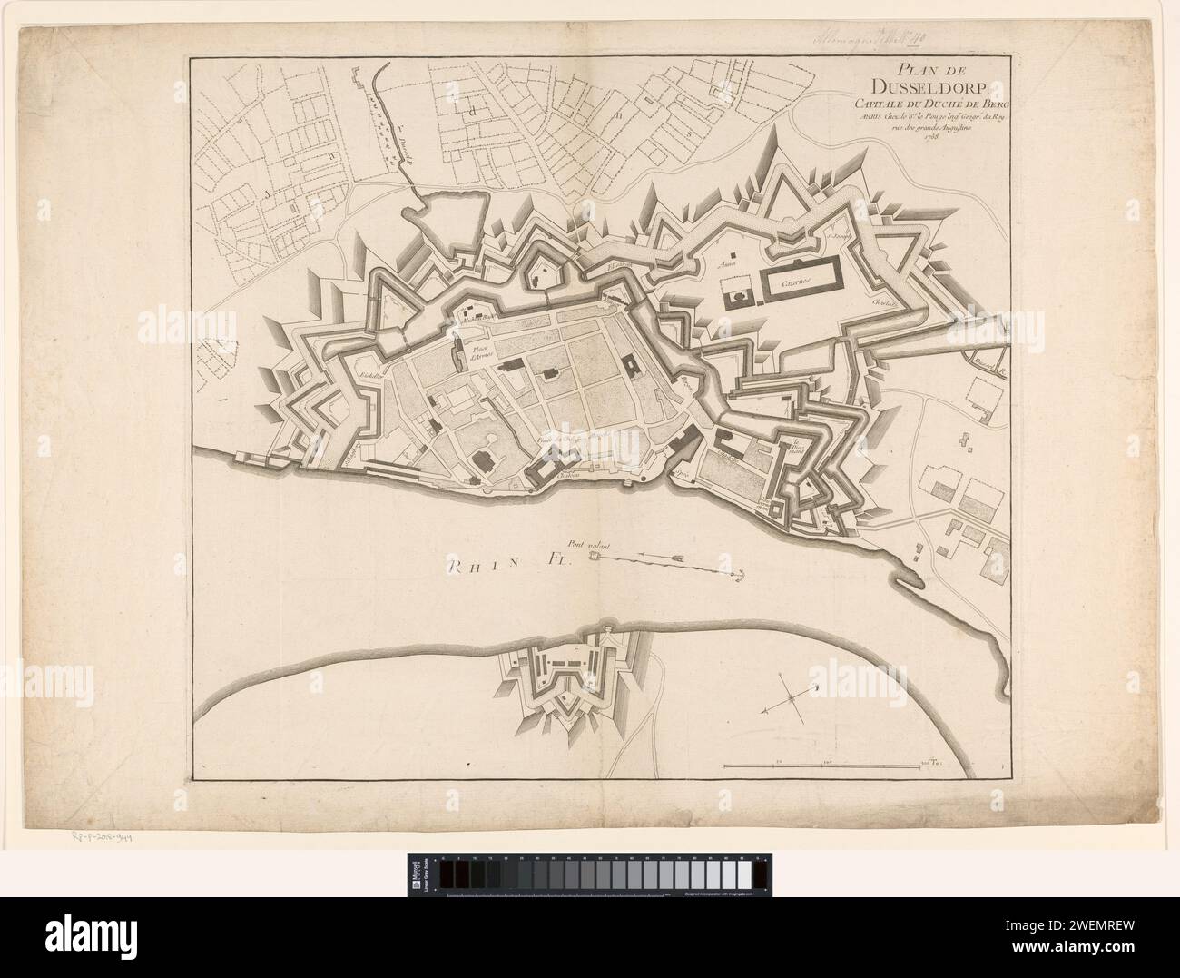 Map of Düsseldorf, Anonymous, 1758 print paper engraving / etching maps ...