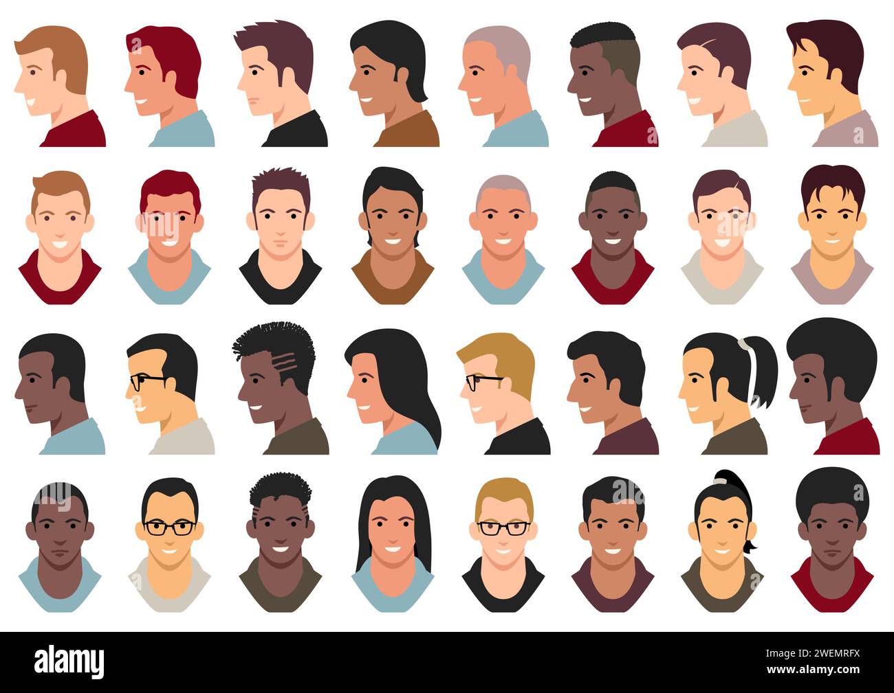 Simple flat vector illustration of men faces, men head avatar set Stock ...