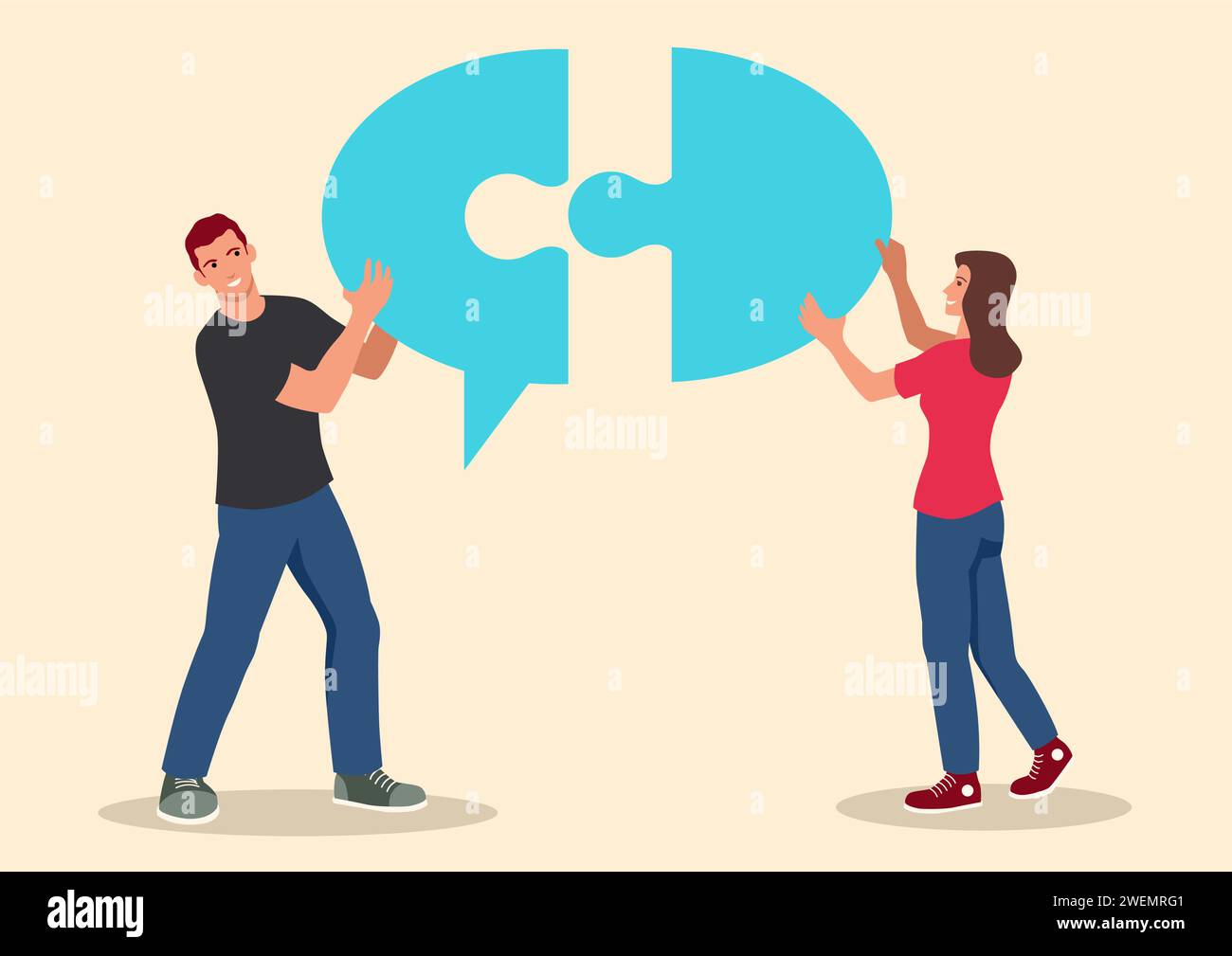 Simple flat vector illustration of young couple put together a puzzle ...