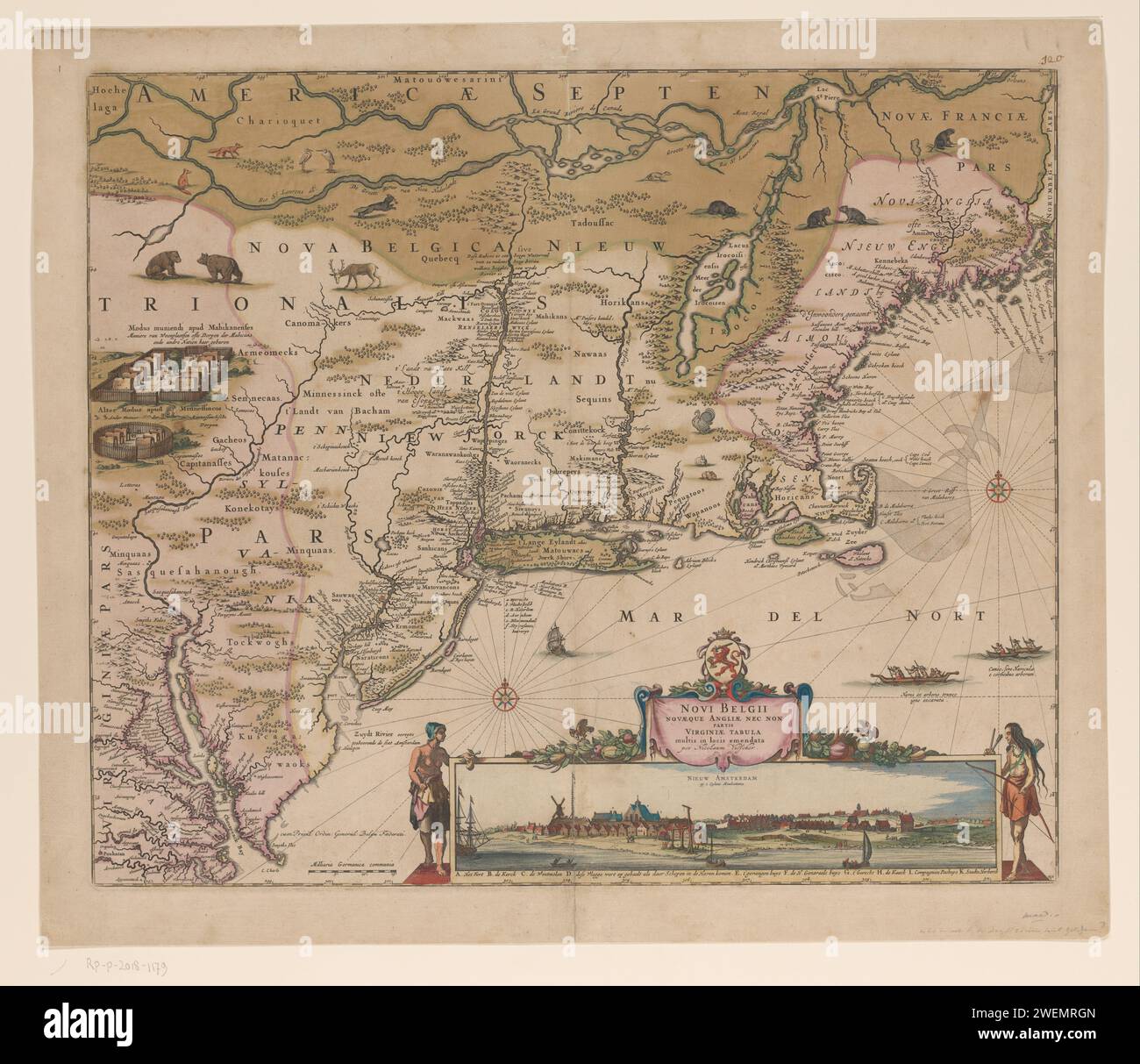 Map of the Northeast Coast of America, with a face on New Amsterdam ...